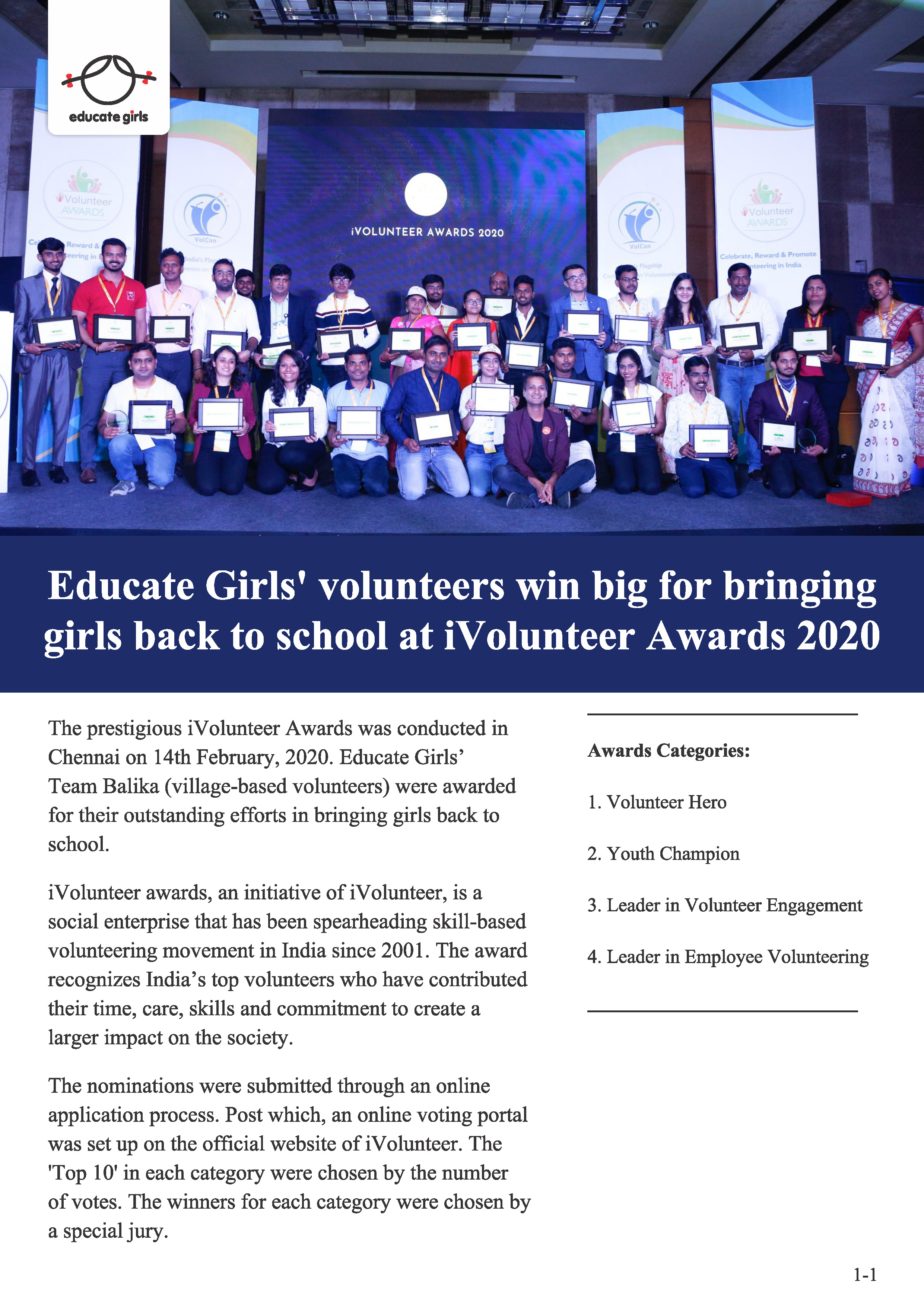 EDUCATE GIRLS' VOLUNTEERS WIN BIG AT iVOLUNTEER AWARDS 2020 FOR ...